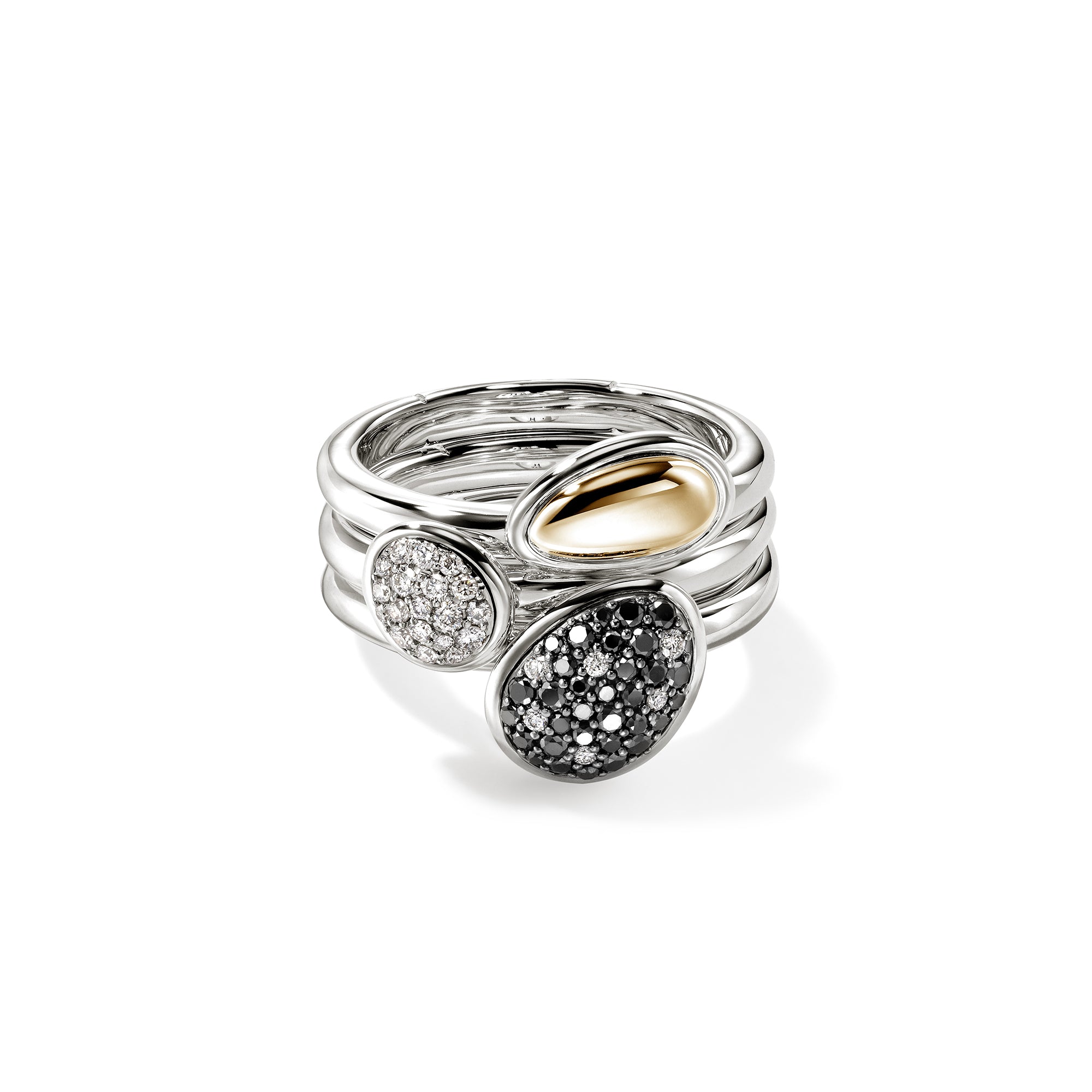 Pebble Stacking Rings, Sterling Silver, Gold, Black Sand Diamond Pavé ...